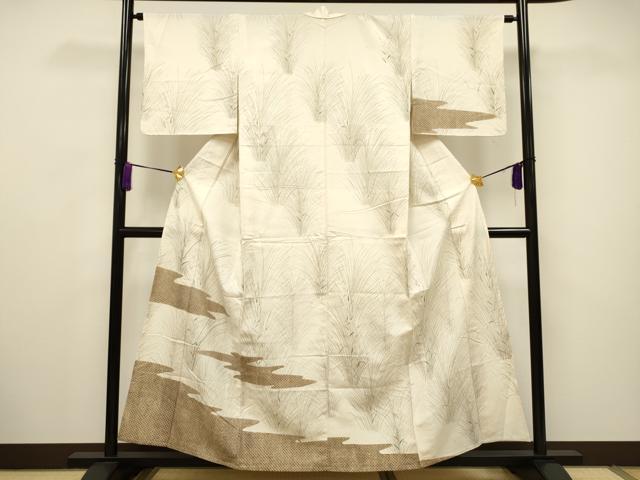 平和屋着物▽訪問着　単衣　紬地　草花文　正絹　逸品　CAAV3707dy