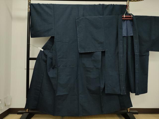 平和屋着物▽男性　紬　単衣　アンサンブル　濃紺地　キングサイズ　正絹　逸品　CAAV3747dy