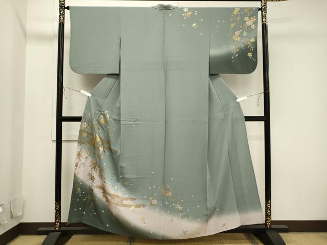 平和屋着物▽訪問着　単衣　工霞枝垂れ桜文　暈し染め　金銀彩　正絹　逸品　CAAV3748dy