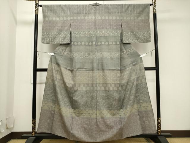 平和屋着物▽訪問着　単衣　紬地　横段草花文　正絹　逸品　CAAV3760dy