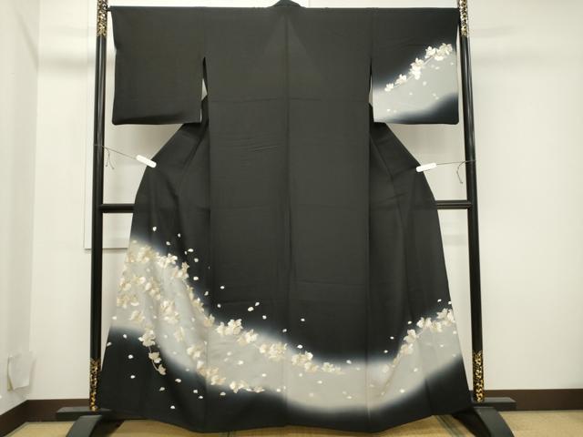 平和屋着物▽訪問着　単衣　総刺繍　枝花文　暈し染め　黒地　ますいわ屋扱い　正絹　逸品　CAAV3762dy