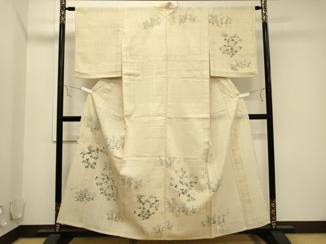 平和屋着物▽訪問着　単衣　生紬　手描き　草花文　正絹　逸品　CAAV3764dy