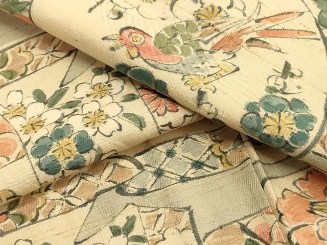 平和屋着物▽上質な小紋　単衣　紬地　手描き　花鳥文　正絹　逸品　CAAV3769dy