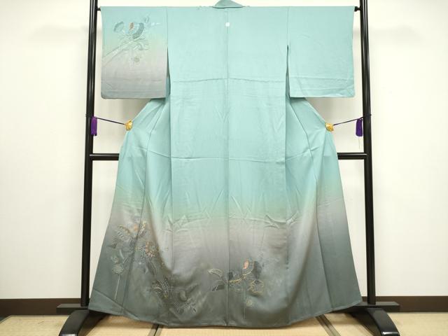 平和屋着物▽訪問着　単衣　総刺繍　草花文　暈し染め　金糸　正絹　逸品　CAAV3894dy