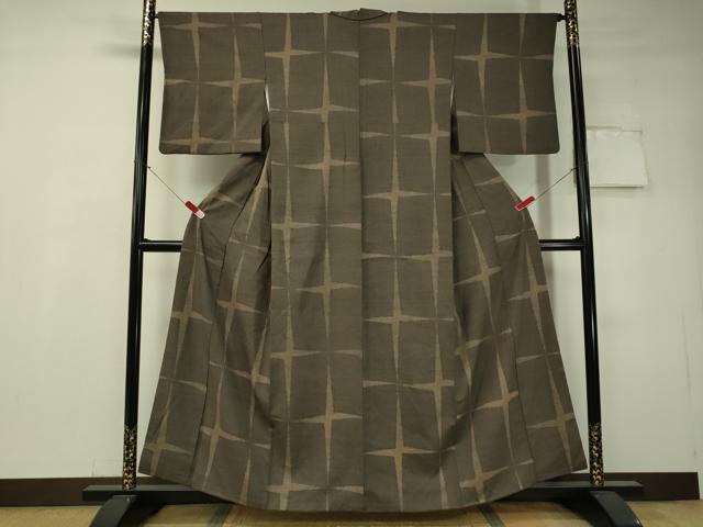 平和屋着物○上質な小紋 紬地 変わり格子文 三越扱い 正絹 逸品