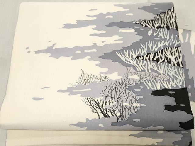 平和屋着物●九寸名古屋帯　手描き　雲取り枝木文　正絹　逸品　CAAV5229yk