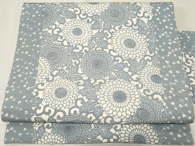 平和屋着物●全通柄　九寸名古屋帯　型染め　菊唐草文　鬼しぼ縮緬　正絹　逸品　CAAV5232yk