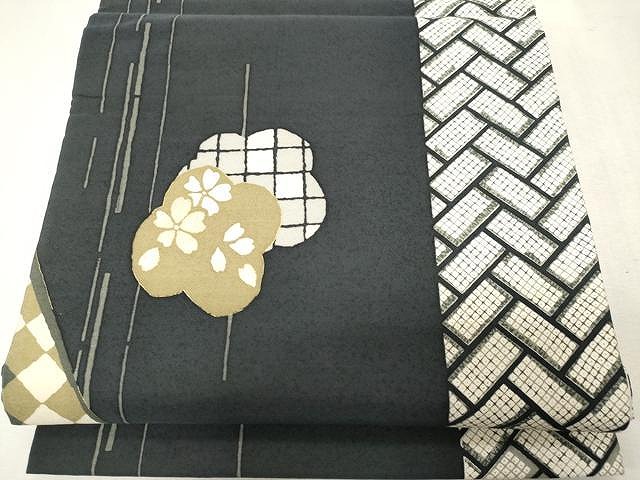 平和屋着物●太鼓柄袋帯　舞花文　黒地　金銀彩　正絹　逸品　未使用　CAAV5242yk