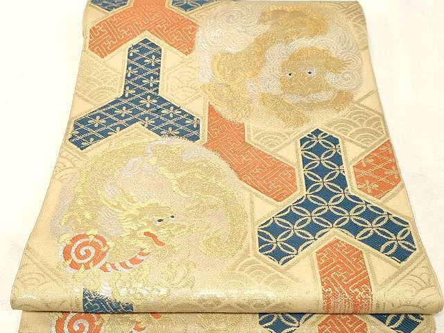 平和屋着物●アンティーク　大正ロマン　六通柄京袋帯　本袋帯　唐獅子　毘沙門亀甲文　金銀糸　正絹　逸品　CAAV5463yk