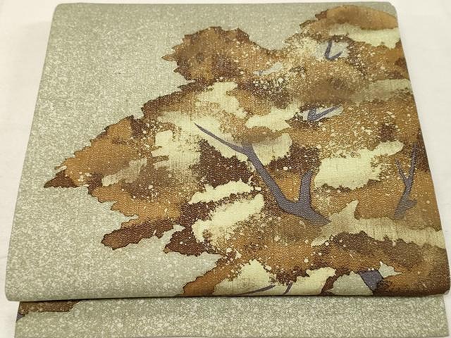 平和屋着物●太鼓柄袋帯　紬地　ろうけつ染め　枝木文　銀通し地　正絹　逸品　CAAV5513yk