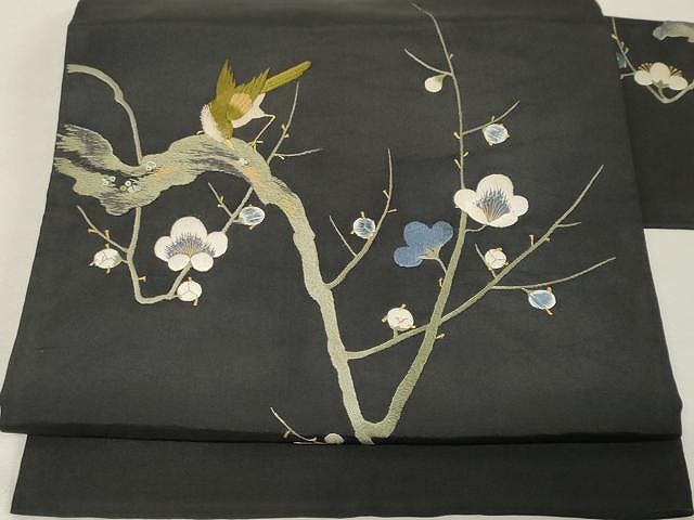 平和屋着物●アンティーク　大正ロマン　九寸名古屋帯　総刺繍　枝梅鳥文　黒地　金糸　正絹　逸品　CAAV5549yk