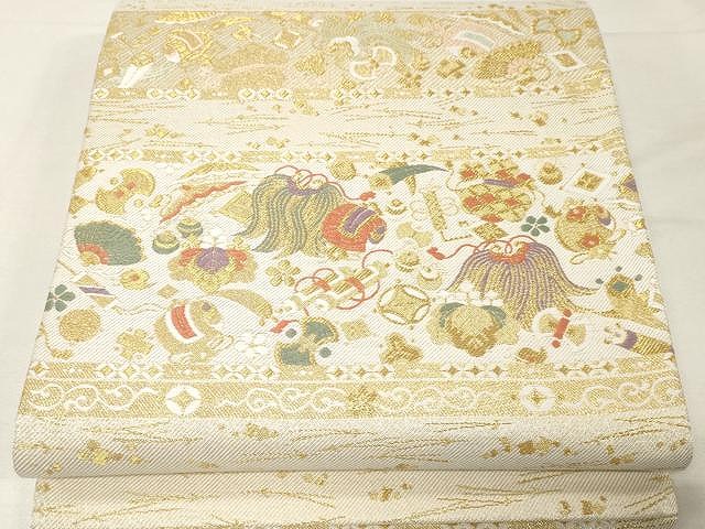 平和屋着物●六通柄袋帯　唐織　宝尽くし吉祥花文　金糸　正絹　逸品　未使用　CAAV5597yk