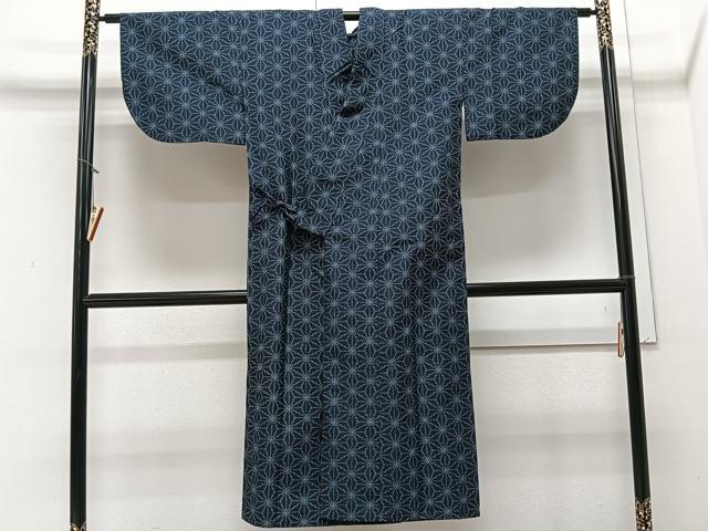 平和屋着物＃道中着　単衣　紬地　麻の葉文様　ロング丈　正絹　逸品　CAAV5807id