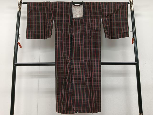 平和屋着物＃本場縞大島紬　道行コート　単衣　格子柄　ロング丈　正絹　逸品　CAAV5844id