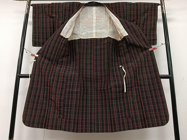 平和屋着物＃本場縞大島紬　道行コート　単衣　格子柄　ロング丈　正絹　逸品　CAAV5844id 平和屋着物＃本場縞大島紬 道行コート 単衣 格子柄 ロング丈 正絹 逸品