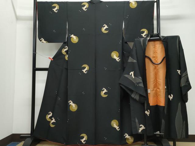 平和屋着物●小紋　長羽織セット　跳兎　黒地　洗える着物　CAAV6588vf