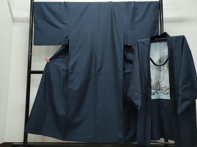 平和屋着物●男性　紬　アンサンブル　濃紺色　キングサイズ　正絹　逸品　CAAV6590vf