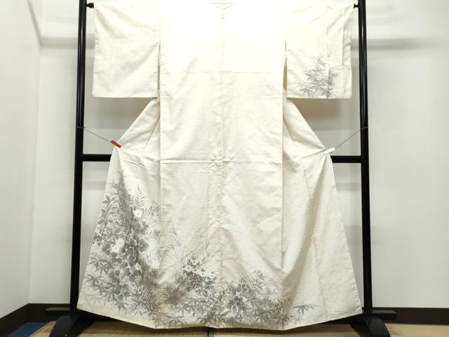 平和屋着物●訪問着　紬地　手書き　草花文　正絹　逸品　CAAV6628vf