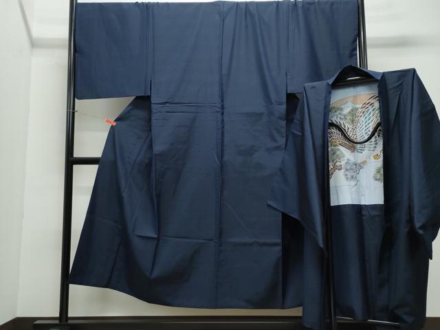 平和屋着物●男性　紬　アンサンブル　濃紺色　キングサイズ　正絹　逸品　CAAV6640vf