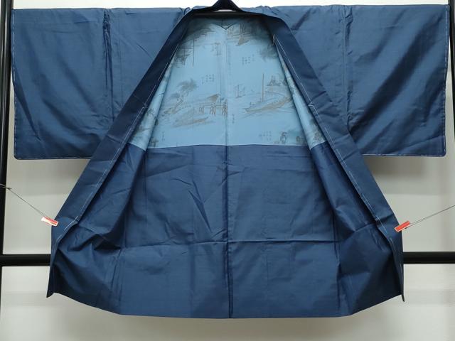 平和屋着物○男性 本場大島紬 アンサンブル 幾何学文様 羽裏：鷹 長羽織