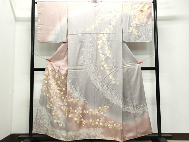 平和屋着物●訪問着　絞り　枝花文　暈し染め　金彩　正絹　逸品　CAAV6707vf