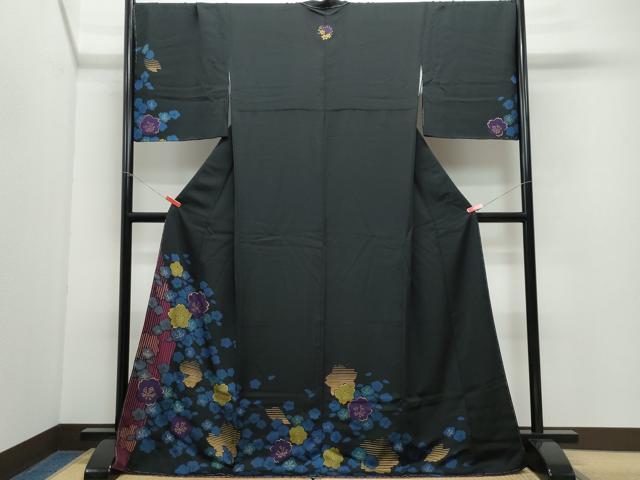 平和屋着物●訪問着　舞花文　黒地　金彩　正絹　逸品　未使用　CAAV6732vf