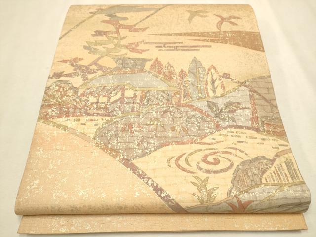 平和屋着物●石川県指定無形文化財　牛首紬　白山工房　手織り　太鼓柄袋帯　飛鳥風景文　銀彩　正絹　逸品　CAAV6812hy