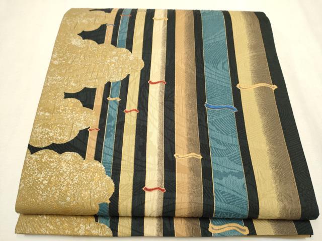 平和屋着物●博多織　鵬翔 　全通柄袋帯　ふくれ織　雲重ね間道　金彩　正絹　逸品　CAAV6828hy