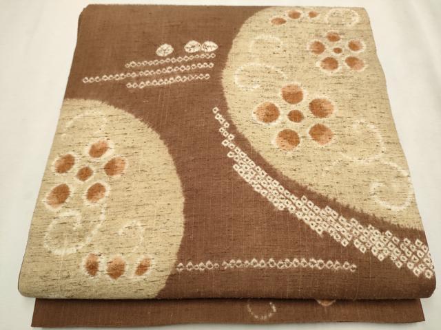 平和屋着物●太鼓柄袋帯　絞り　紬地　花唐草文　やまと誂製　正絹　逸品　CAAV6836hy