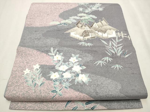 平和屋着物●太鼓柄　京袋帯　友禅作家物　白山紬　風景草花文　正絹　逸品　CAAV6841hy