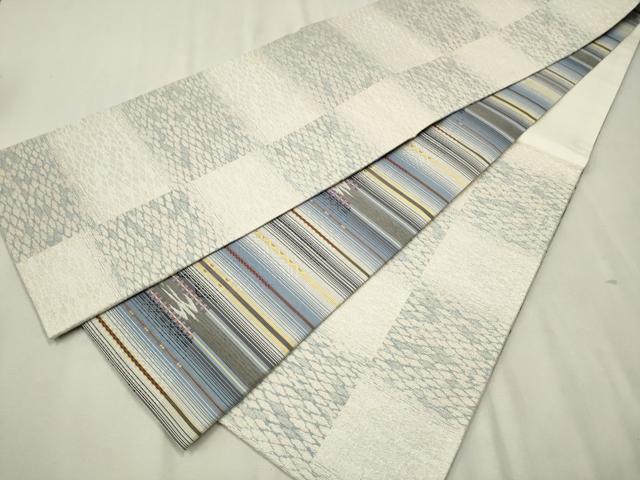 平和屋着物●両面　六通柄袋帯　花織　市松霞文　銀糸　正絹　逸品　CAAV6940hy