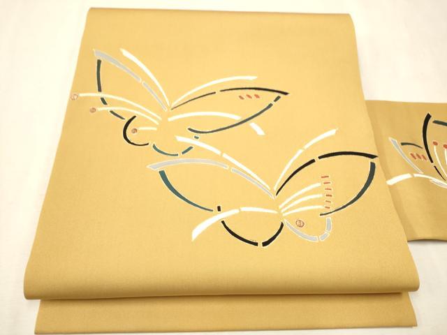 平和屋着物●塩瀬　九寸名古屋帯　舞蝶文　金彩　正絹　逸品　CAAV7011hy