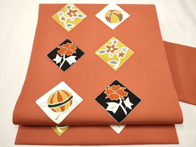 平和屋着物●塩瀬　九寸名古屋帯　駒刺繍　色紙花毬文　金彩　正絹　逸品　CAAV7024hy