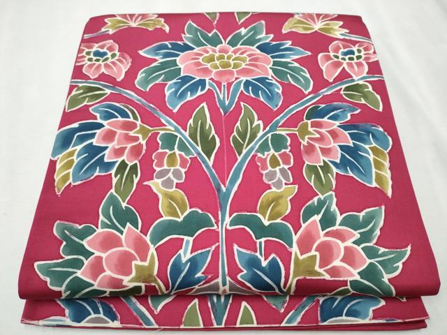 平和屋着物●塩瀬　六通柄袋帯　型染め　草花文　正絹　逸品　CAAV7084hy