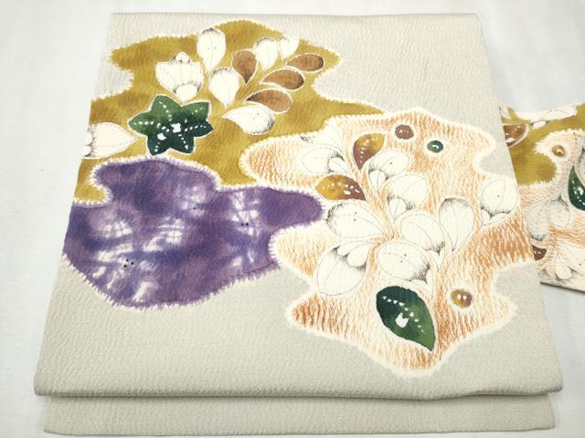 平和屋着物●京都府指定無形文化財　染色作家　小倉建亮の弟子　市瀬史郎　九寸名古屋帯　舞葉文　鬼しぼ縮緬　正絹　逸品　CAAV7161hy