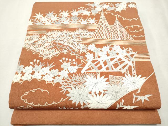 平和屋着物●九寸開き名古屋帯　松竹梅花文　鬼しぼ縮緬　正絹　逸品　CAAV7175hy