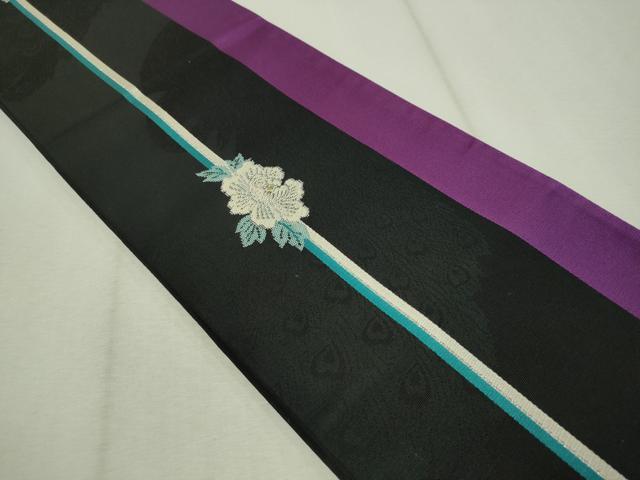 平和屋着物○撫松庵 両面 半幅帯 孔雀牡丹間道 黒地 金銀糸