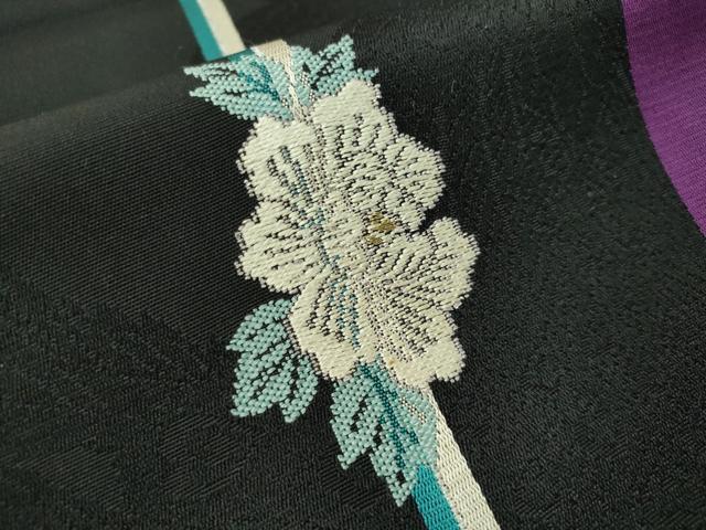 平和屋着物○撫松庵 両面 半幅帯 孔雀牡丹間道 黒地 金銀糸