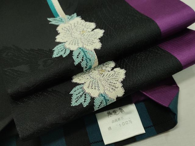 平和屋着物●撫松庵　両面　半幅帯　孔雀牡丹間道　黒地　金銀糸　正絹　逸品　CAAV8712vp