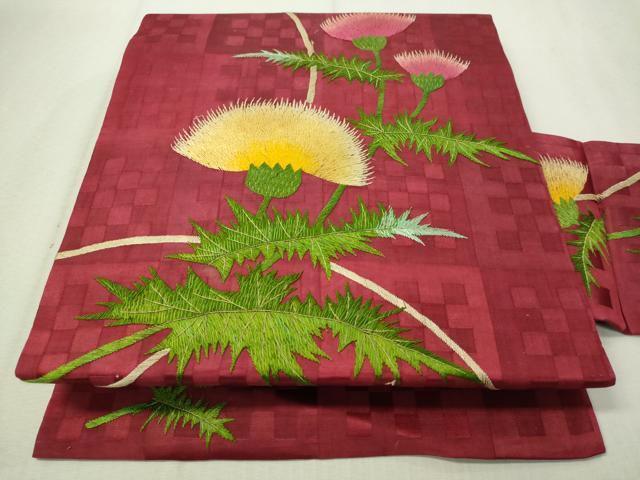 平和屋着物●アンティーク　大正ロマン　九寸名古屋帯　総刺繍　草花文　正絹　逸品　CAAV8716vp