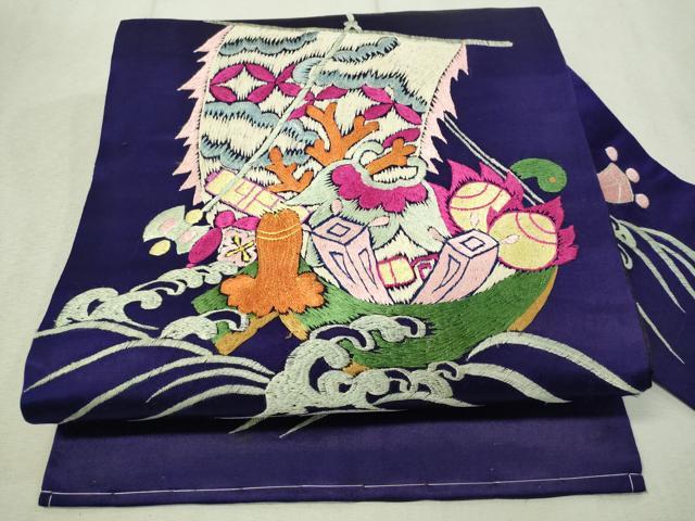 平和屋着物●アンティーク　大正ロマン　九寸名古屋帯　総刺繍　宝船　正絹　逸品　CAAV8718vp