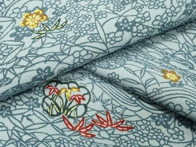 平和屋着物▽小紋　単衣　型染め　エ霞梅笹文　洗える着物　CAAV8893gh