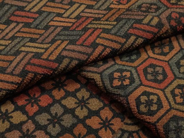 平和屋着物▽上質な小紋　単衣　型染め　切嵌吉祥文　黒地　鬼しぼ縮緬　正絹　逸品　CAAV8911gh