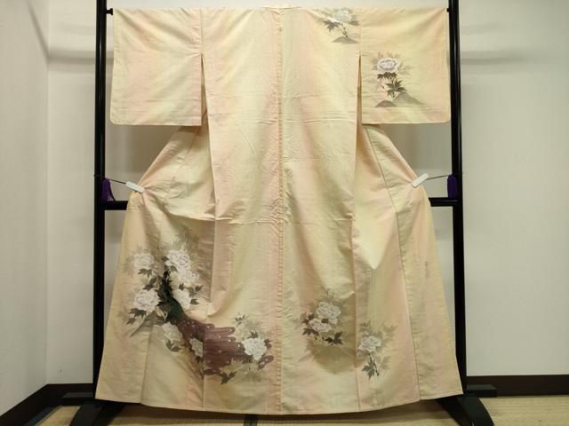 平和屋着物▽訪問着　単衣　紬地　作家物　手描き　孔雀花文　正絹　逸品　CAAV8949gh