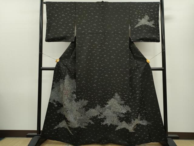 平和屋着物●訪問着　刺繍　松花文　黒地　正絹　逸品　CAAV9348ze