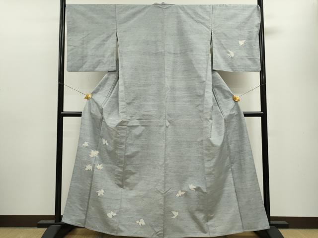 平和屋着物▽訪問着　単衣　紬地　舞葉文　正絹　逸品　CAAV9414ze