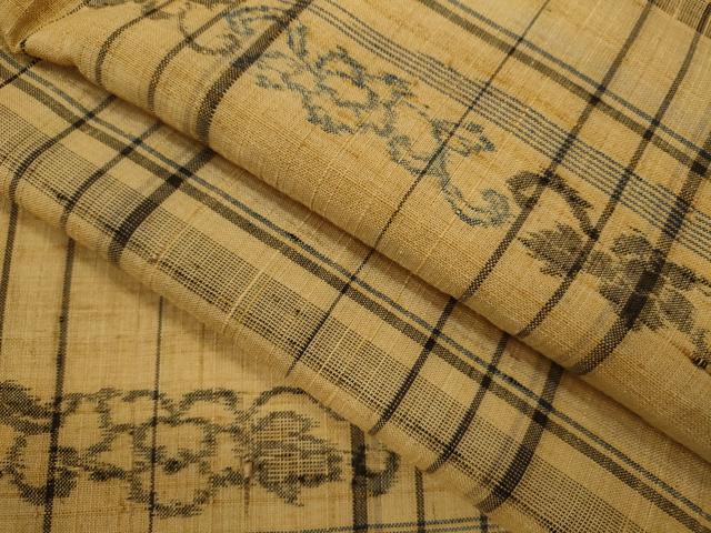 平和屋着物▽上質な紬　単衣　格子花唐草文　正絹　逸品　CAAV9441ze