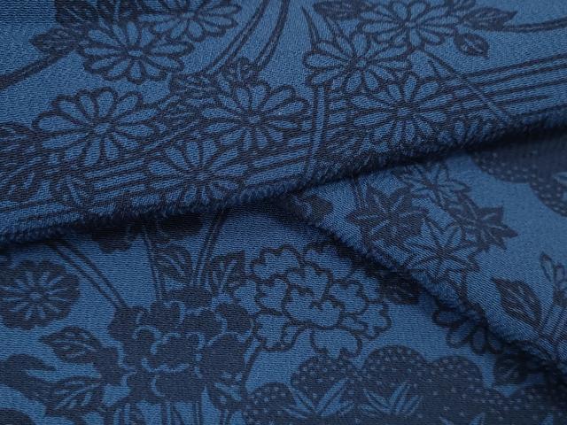 平和屋着物▽上質な小紋　単衣　藍　型染め　雲取り草花文　正絹　逸品　CAAV9449ze