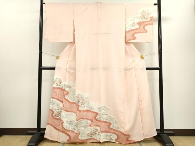 平和屋着物▽訪問着　単衣　手描き　絞り　風景草花文　正絹　逸品　CAAV9453ze