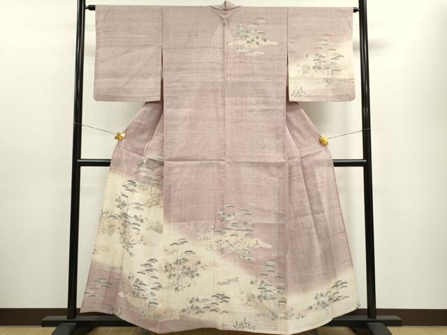 平和屋着物▽訪問着　単衣　生紬　霞松竹梅風景文　正絹　逸品　CAAV9481ze